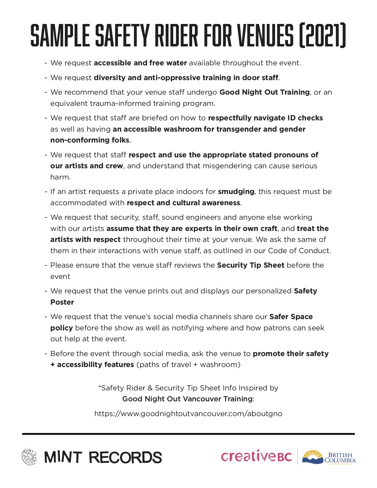 Sample Safety Rider for Venues (2021) | Mint Records